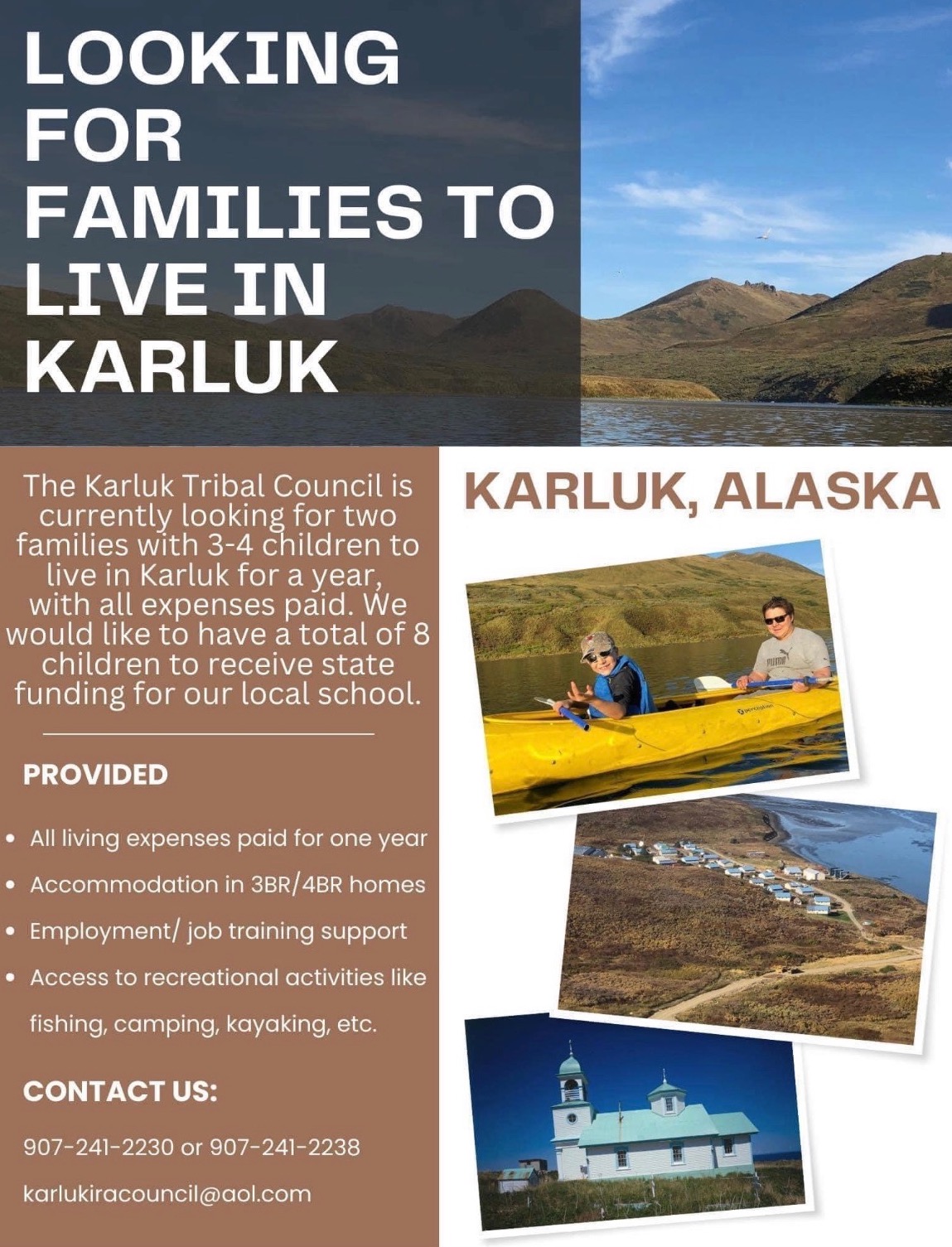 Karluk will pay two families with kids to move there for one year ...