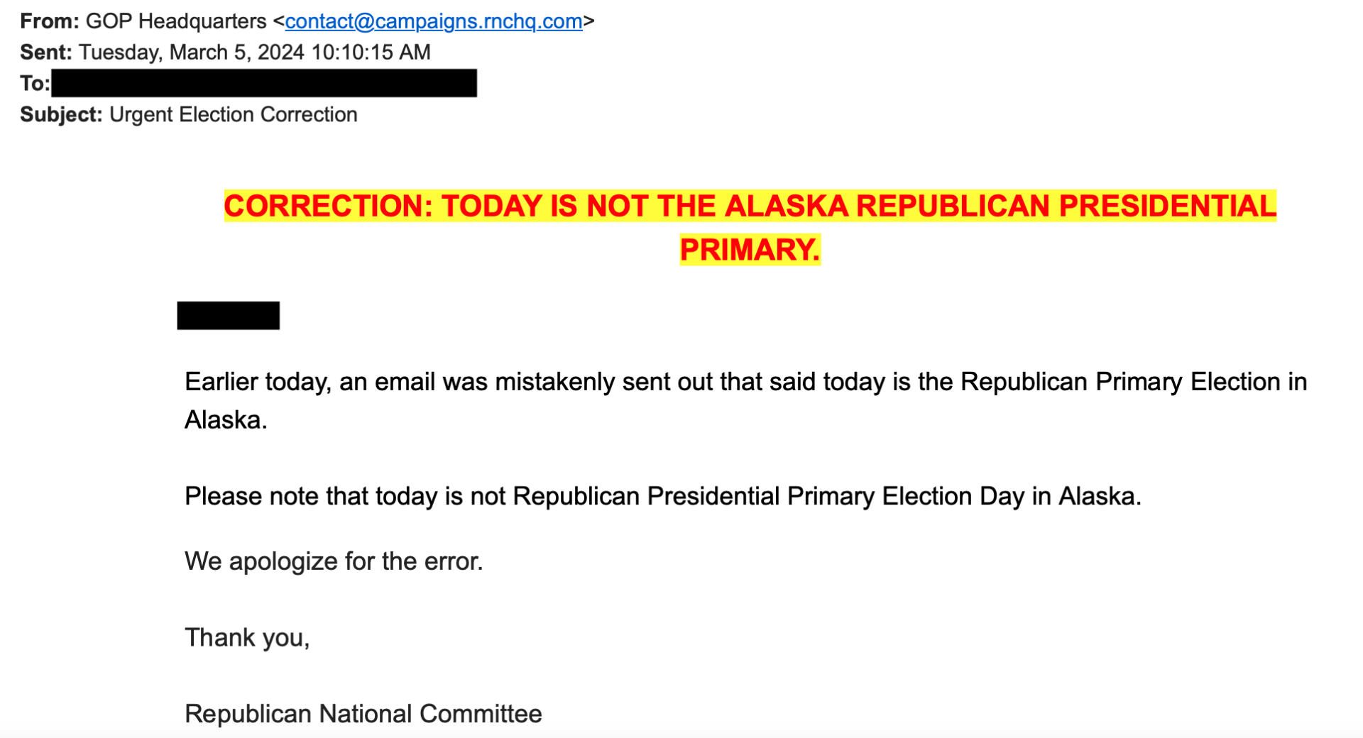 Email to Alaska Republicans on Tuesday looked like voter suppression ...